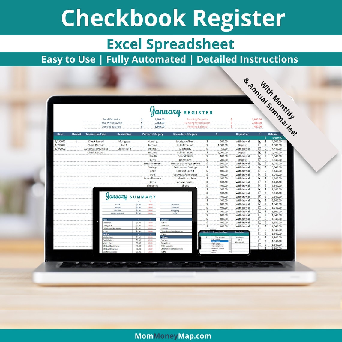 Checkbook Register With Monthly and Annual Summaries Excel Spreadsheet ...