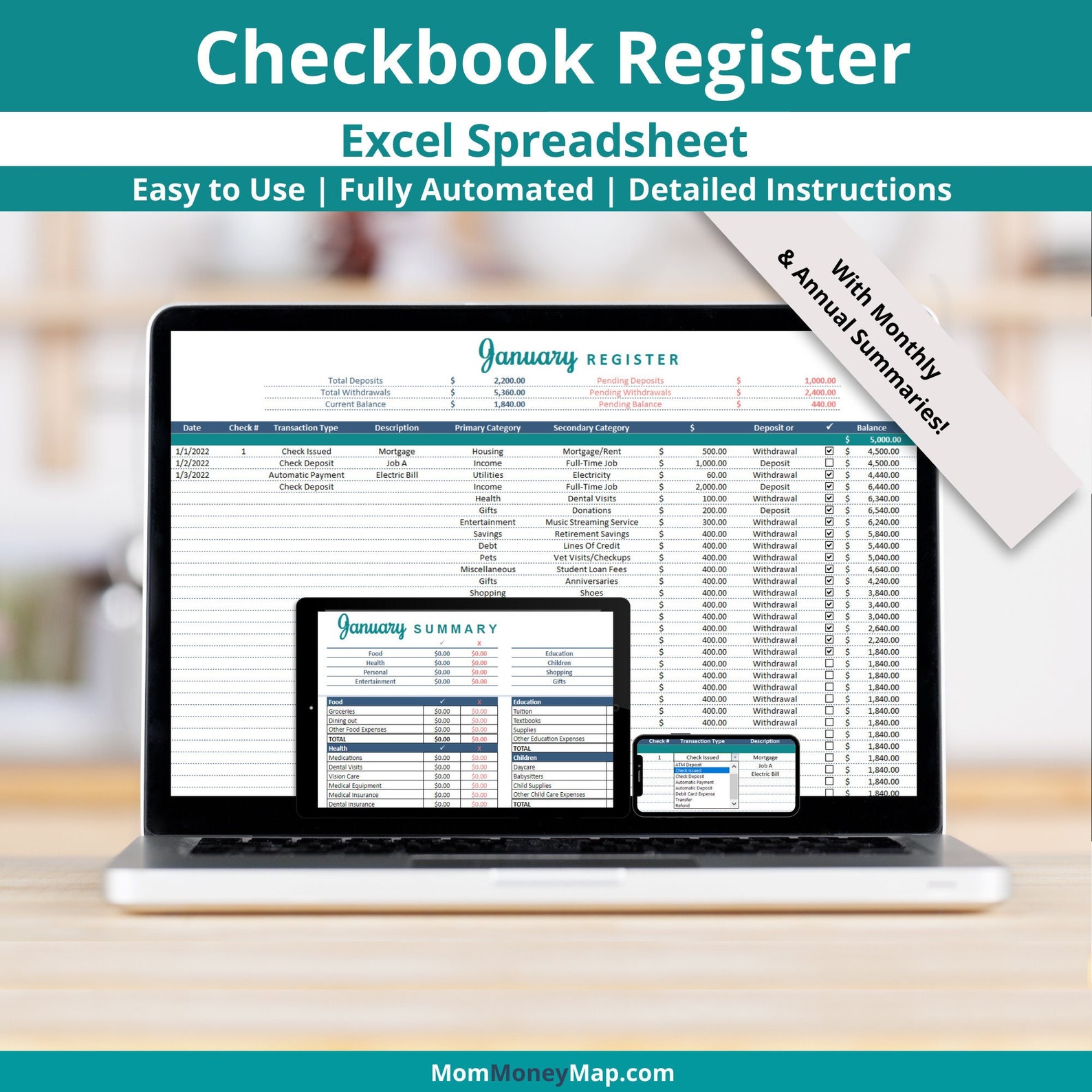 Checkbook Register With Monthly and Annual Summaries Excel Spreadsheet ...