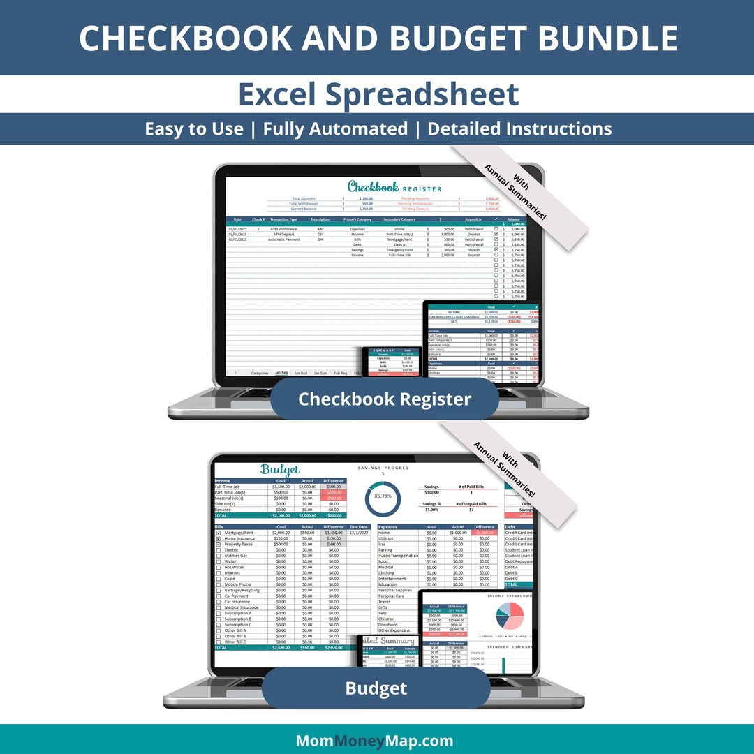 Checkbook Register and Monthly Budget Bundle Excel Spreadsheet With ...