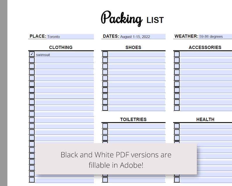 Blank Packing List Printable PDF for Travel Editable Vacation - Etsy
