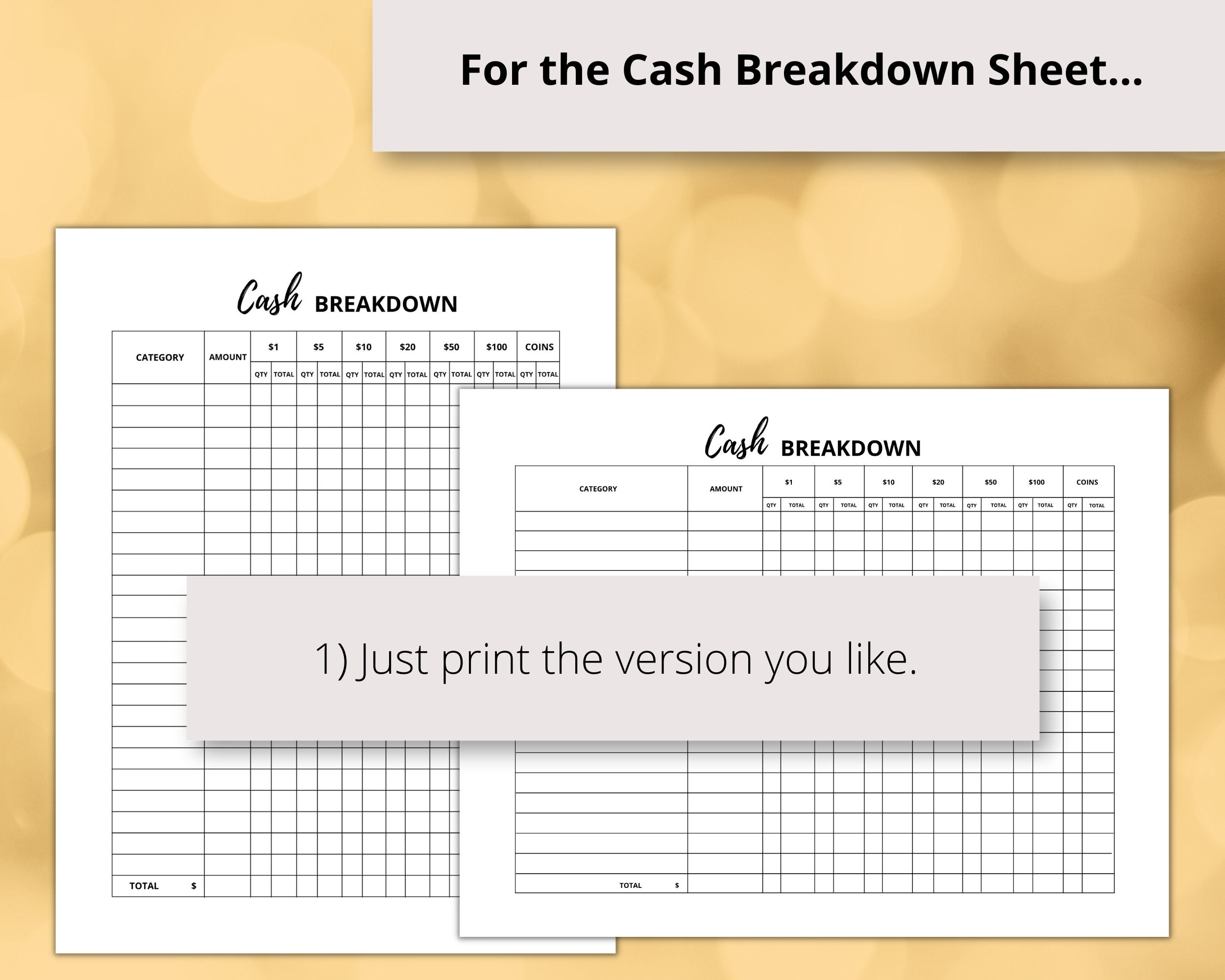 Cash Breakdown Slip and Sheet Bundle Printable PDF, Bank Teller Cash ...