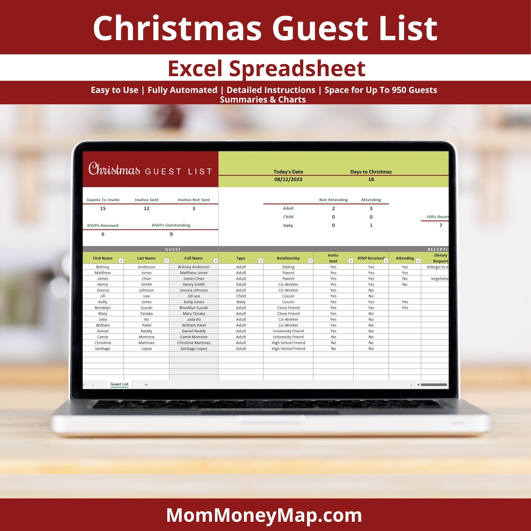 Christmas Party Guest List Tracker Excel Spreadsheet Template, Event ...
