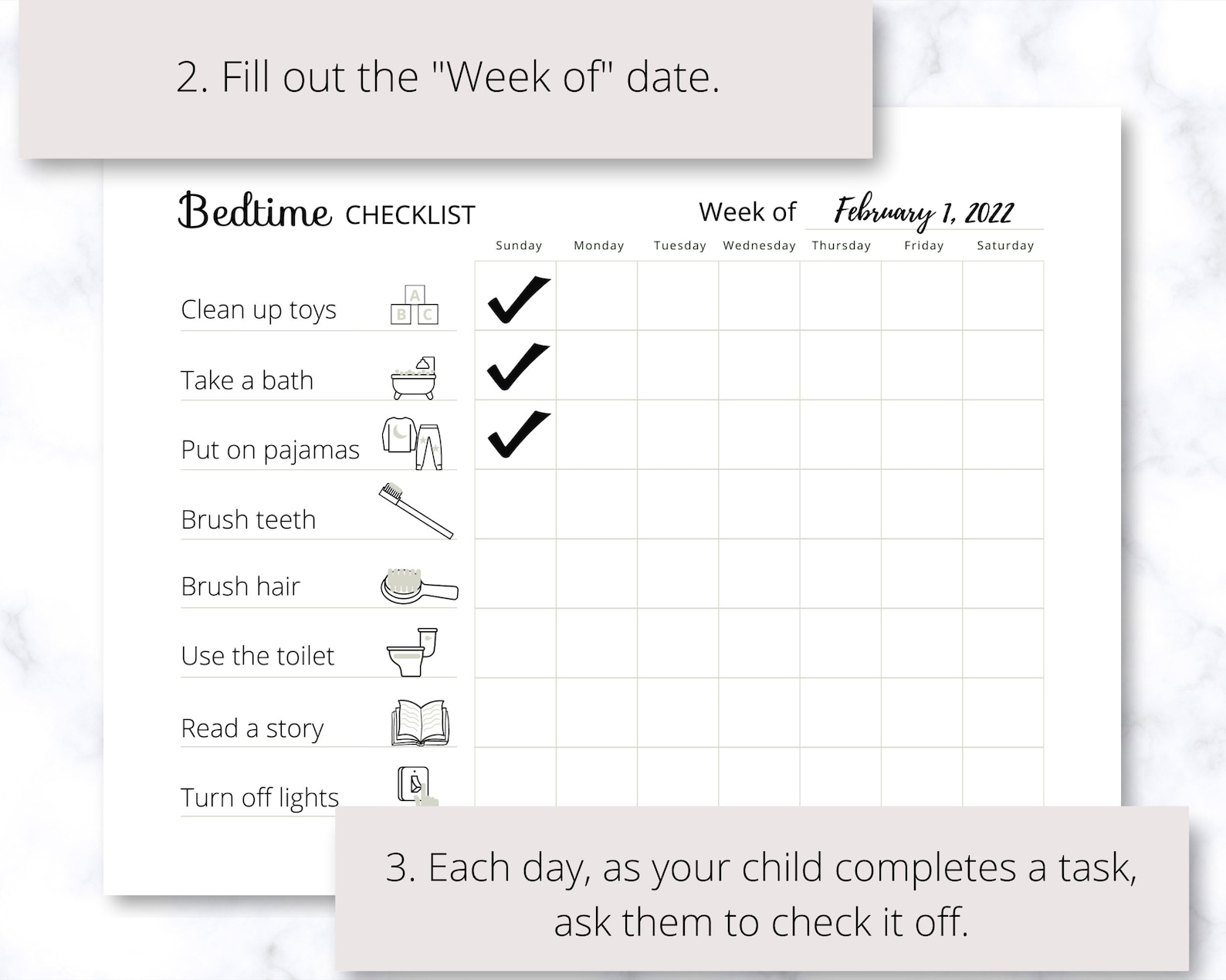 Kids Bedtime Routine Chart Checklist Printable, Evening/nighttime ...