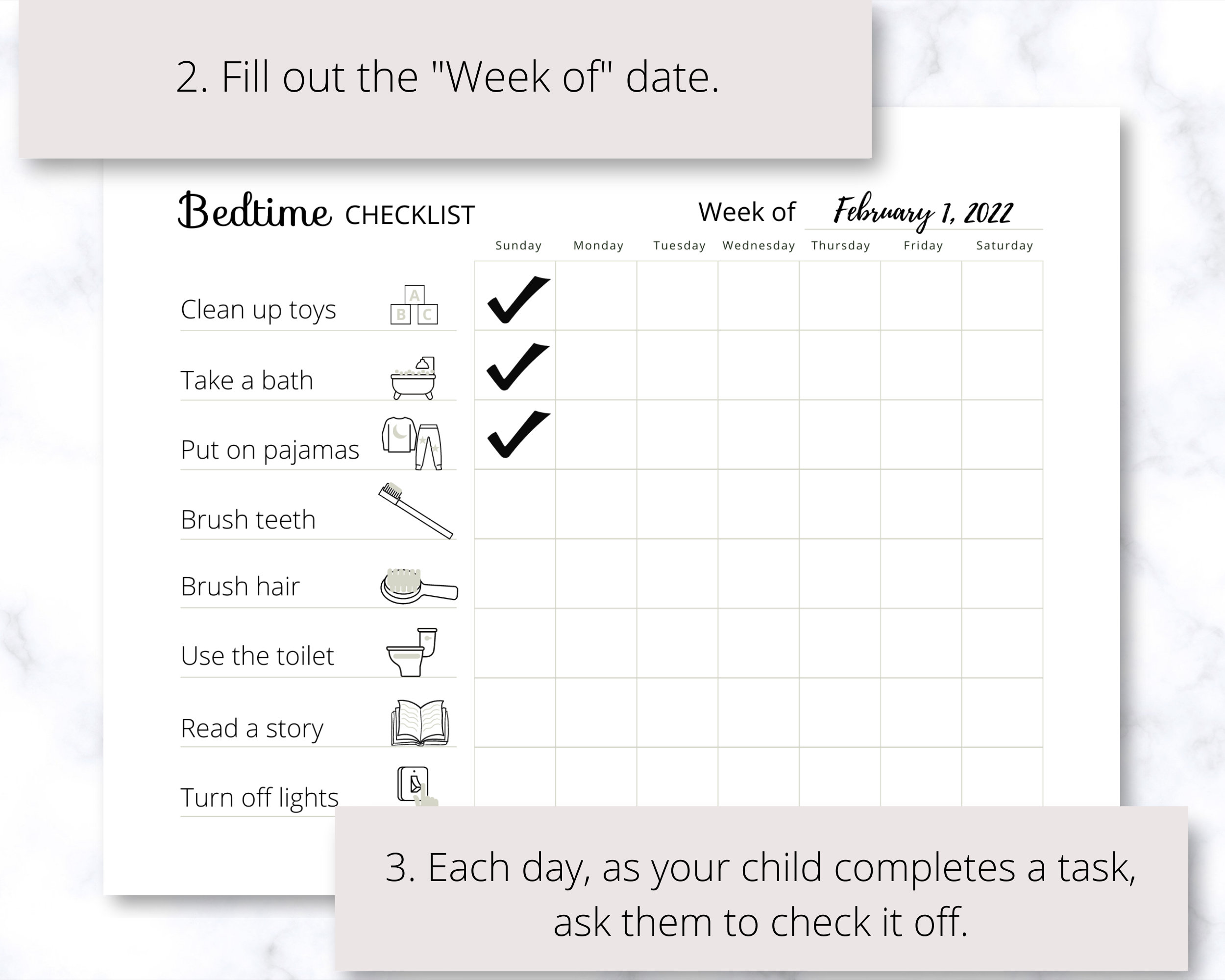 Kids Bedtime Routine Chart Checklist Printable, Evening/nighttime ...