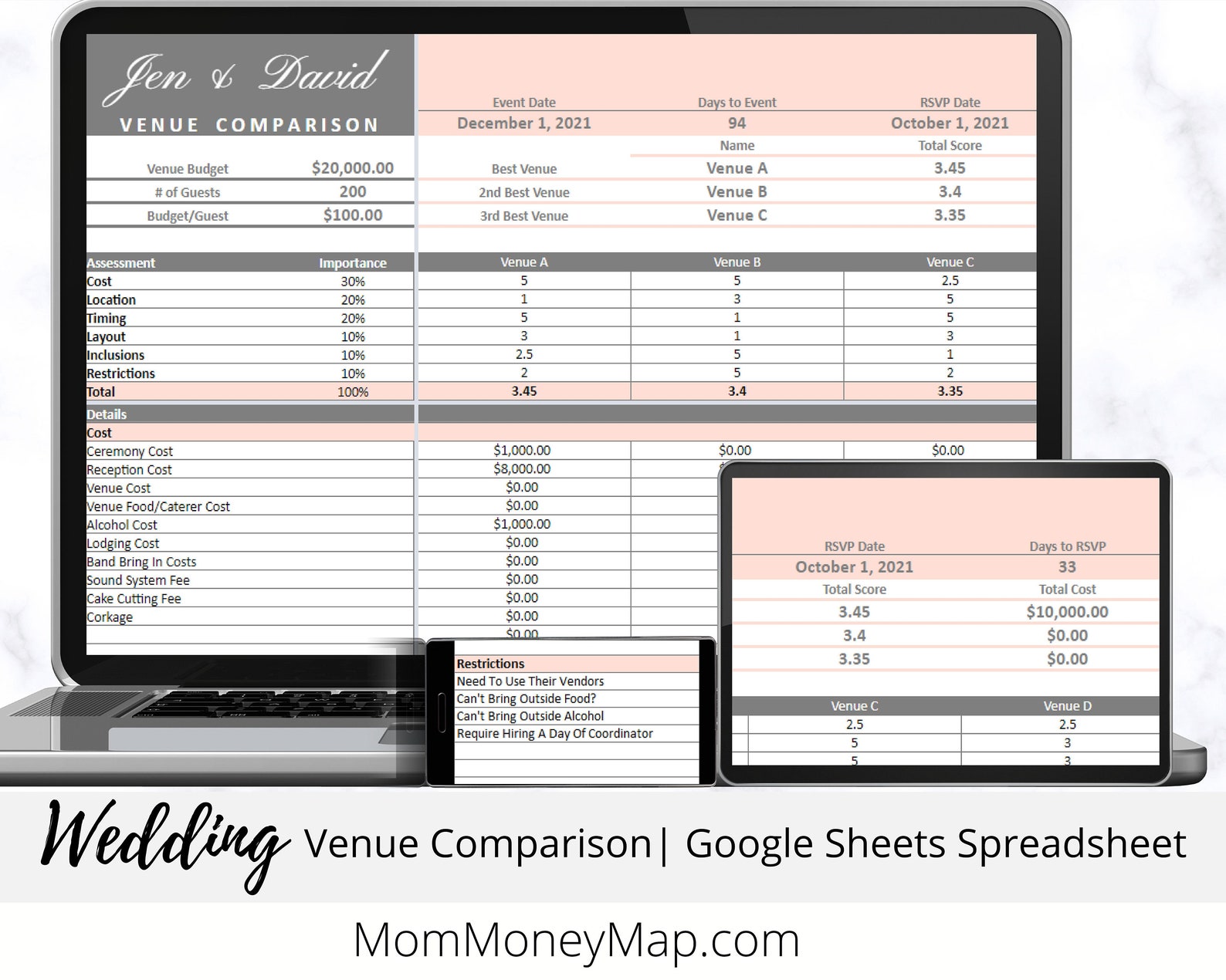 Wedding Venues Comparison Google Sheets Spreadsheet Compare | Etsy