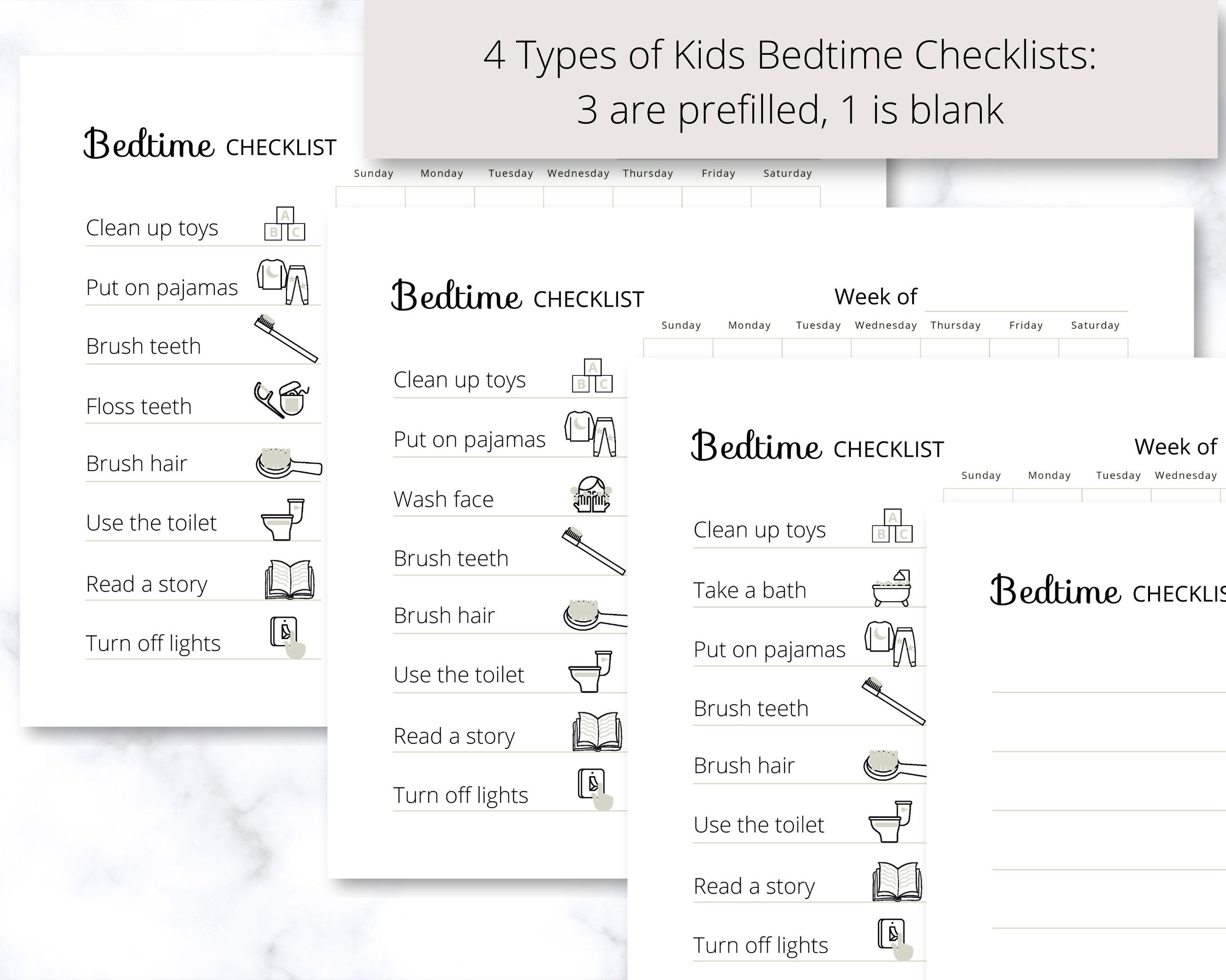 Kids Bedtime Routine Chart Checklist Printable, Evening/nighttime ...
