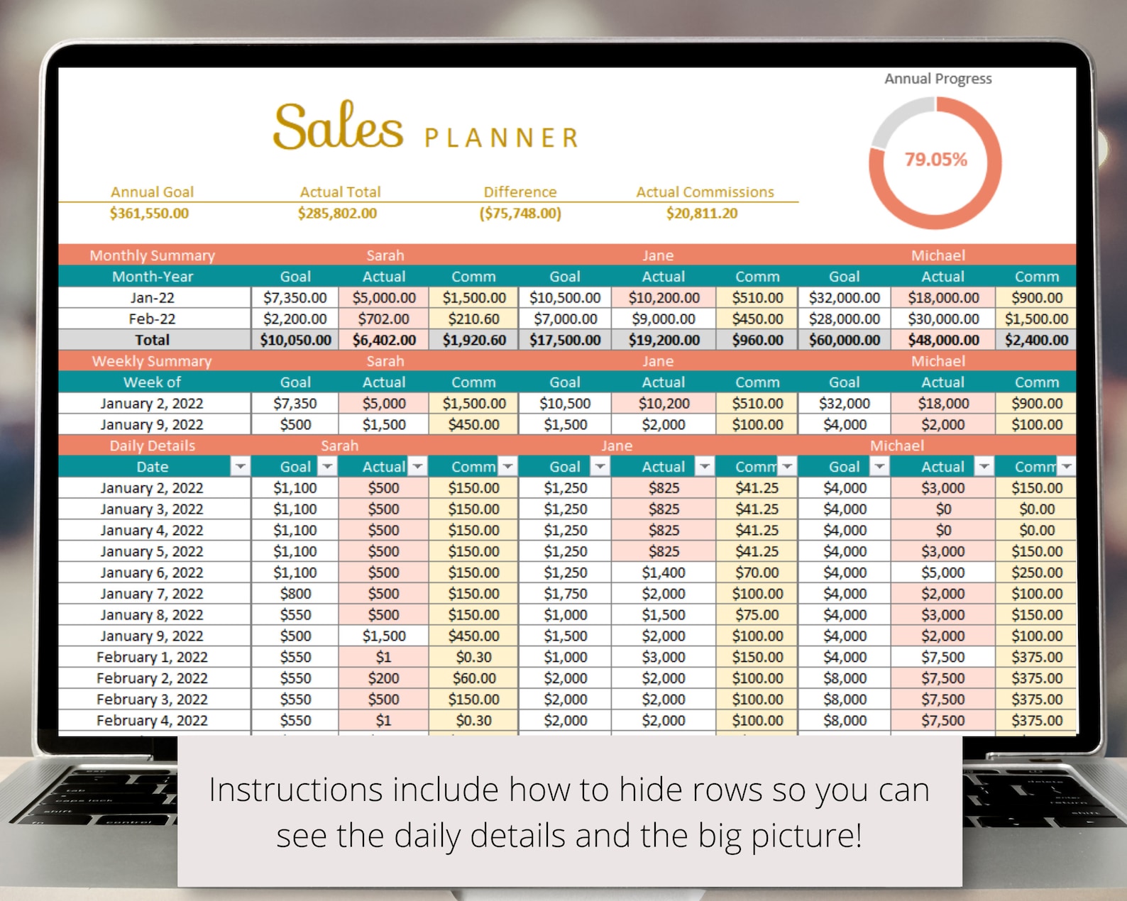 Sales Planner Excel Spreadsheet Template, Sales Report to Track Daily ...