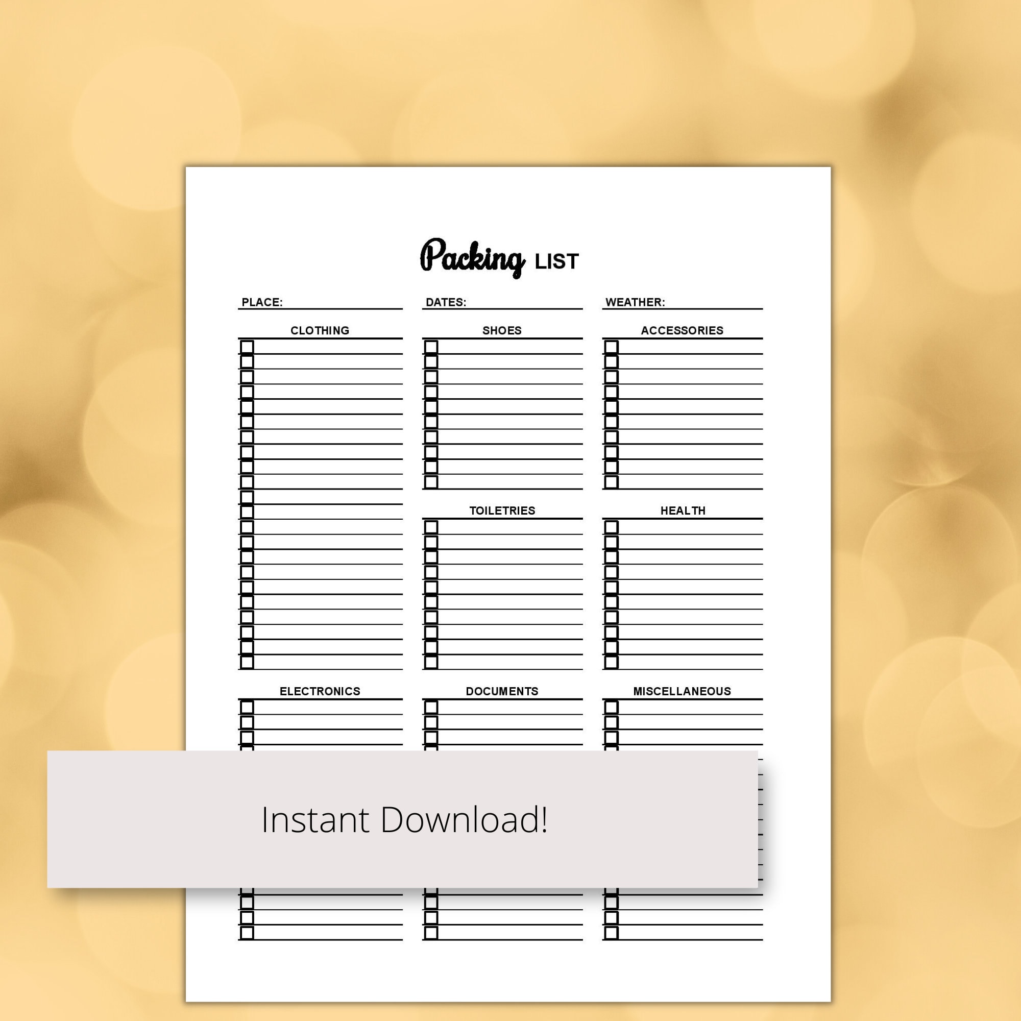 Blank Packing List Printable PDF for Travel, Editable Vacation Packing ...