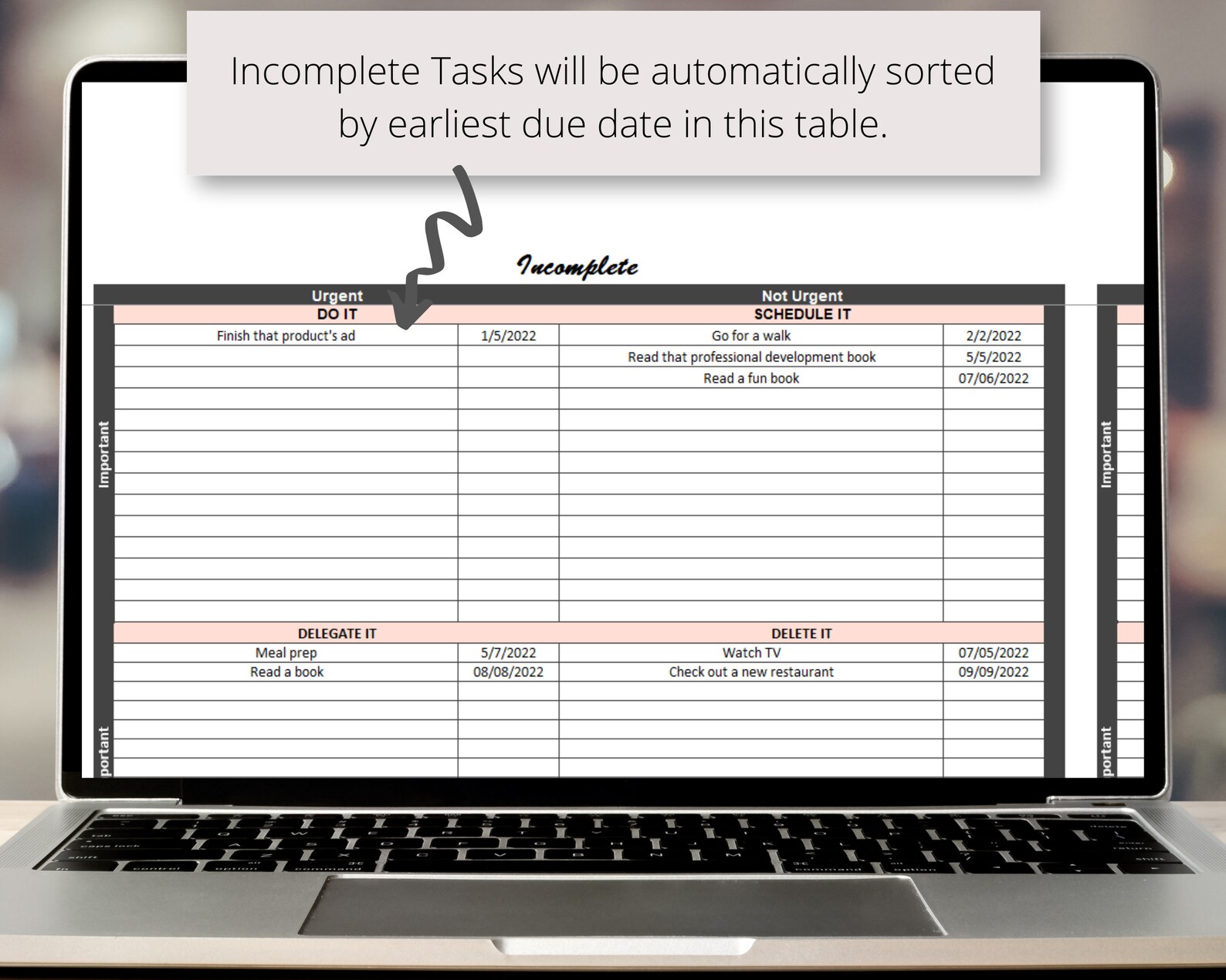 Eisenhower Matrix Excel Productivity Planner Template Using the Urgent ...