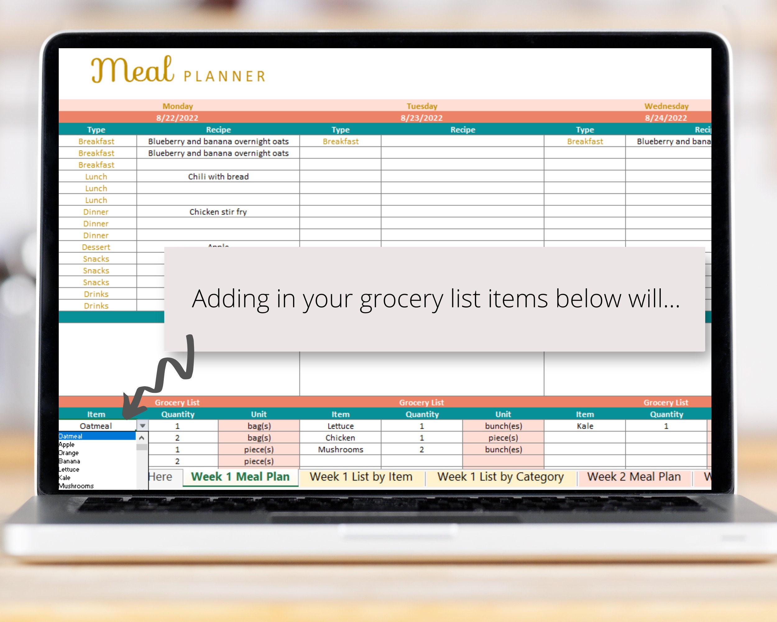 Weekly Meal Planner Excel Spreadsheet Template With Editable Snacks ...