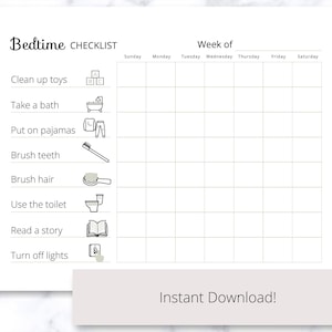 Kids Bedtime Routine Chart Checklist Printable, Evening/nighttime ...