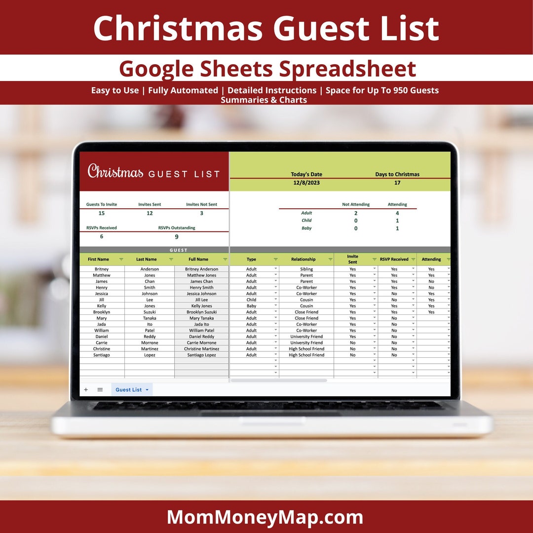 Christmas Party Guest List Tracker Google Sheets Spreadsheet Template ...