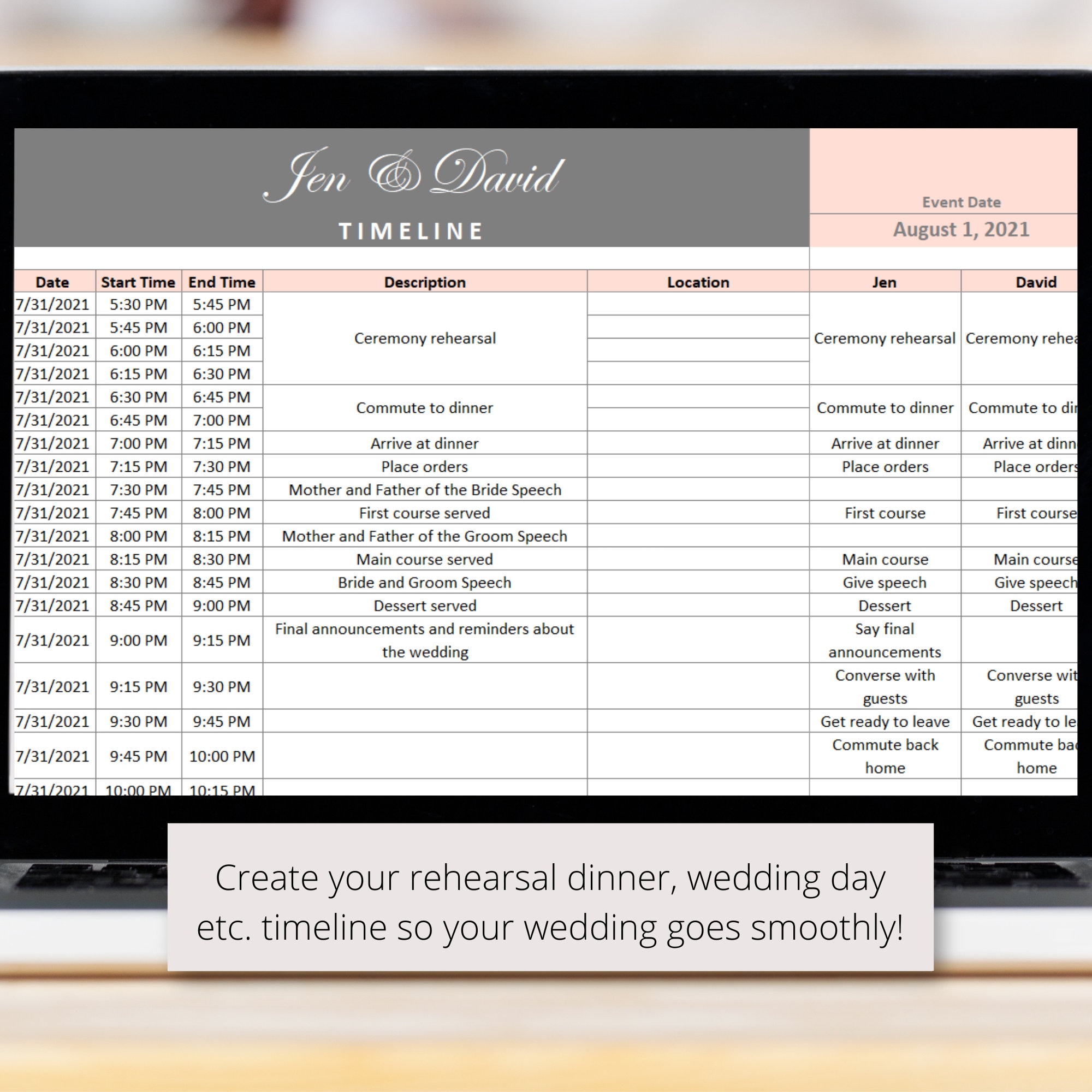 Wedding Event Timeline Excel Spreadsheet Wedding Itinerary for the ...