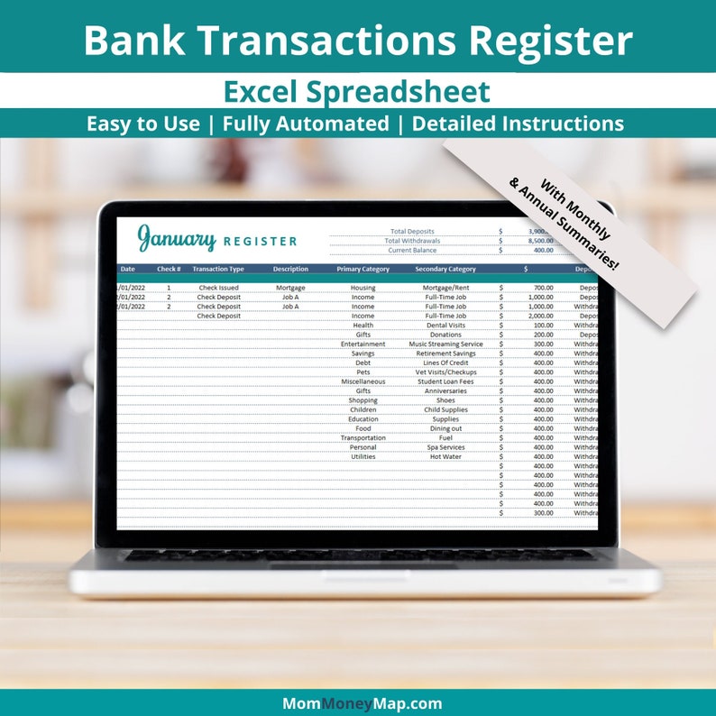 Bank Transactions Register With Monthly & Annual Summaries Excel Spreadsheet Template, Digital ...
