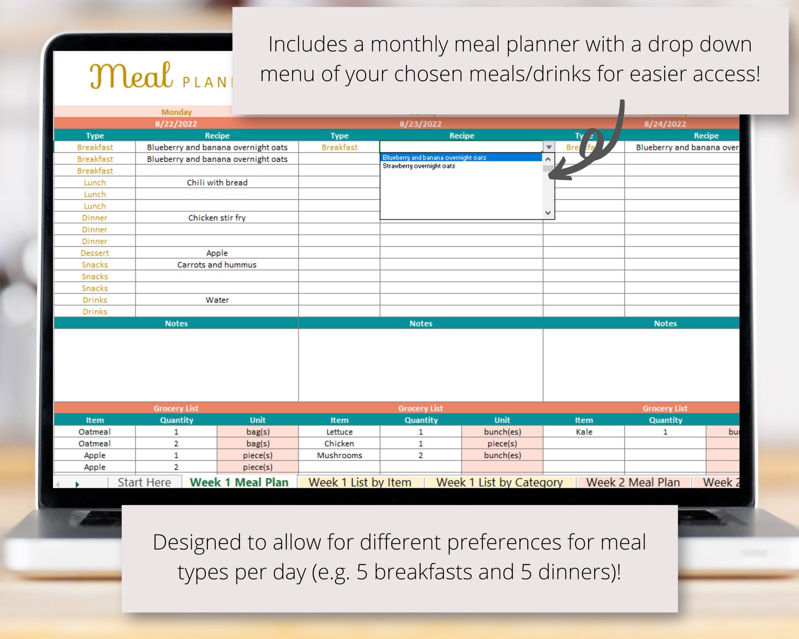 Weekly Meal Planner Excel Spreadsheet Template With Editable Snacks ...