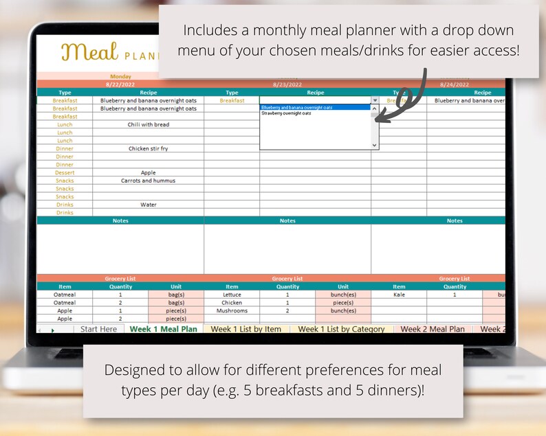 Weekly Meal Planner Excel Spreadsheet Template With Editable Snacks ...
