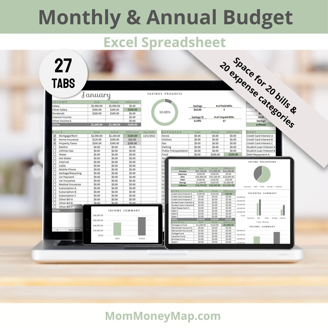 Easy Budget Excel Spreadsheet Template, Plan and Track Your Annual and ...
