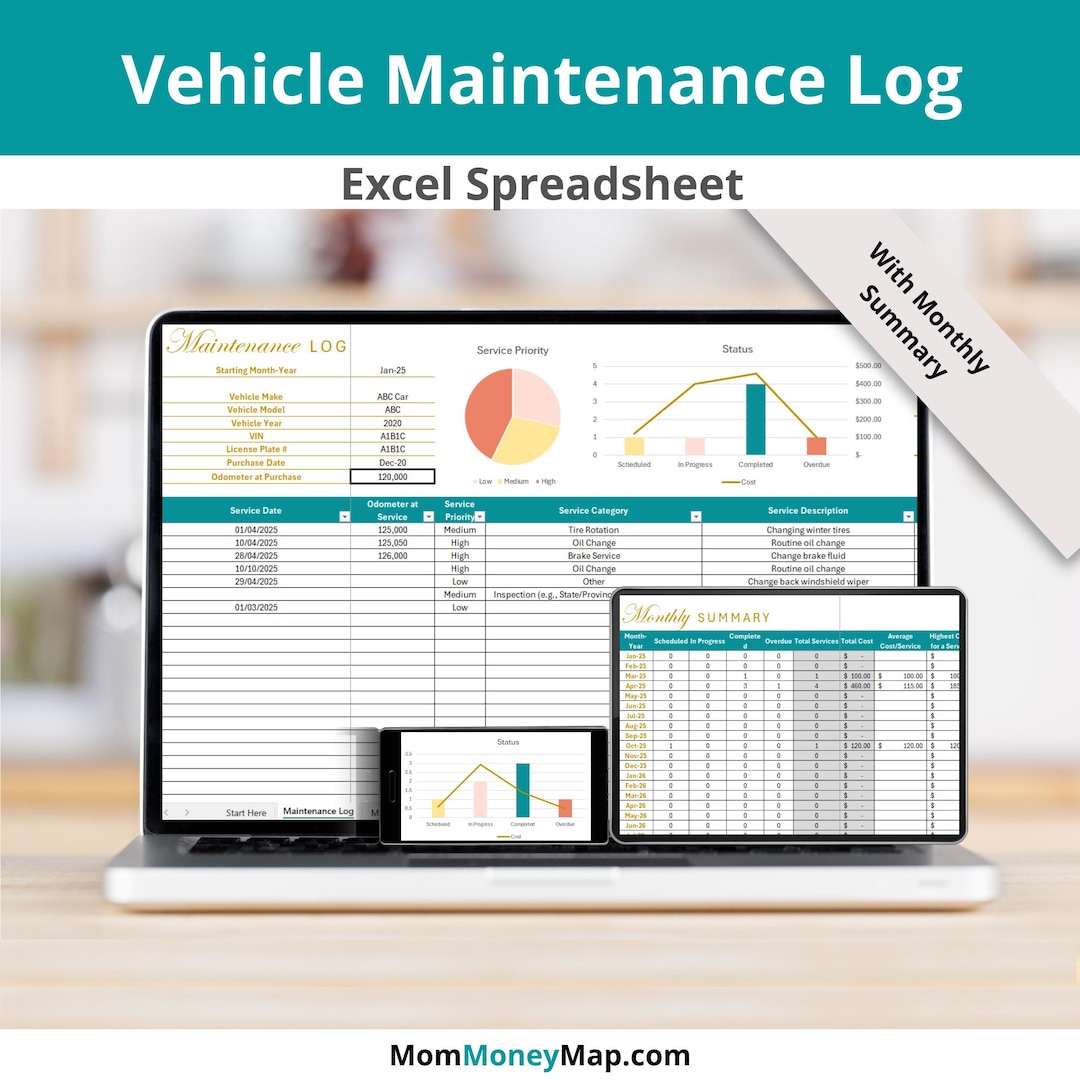 Vehicle Maintenance Log Excel Spreadsheet With a Monthly Summary, Auto ...