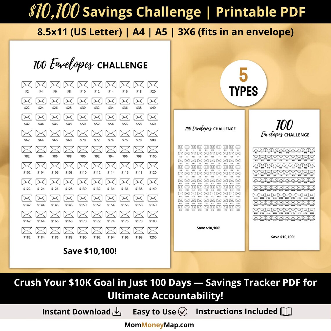 10k Savings Challenge Printable PDF, Save 10000 in 100 Days, 100 ...