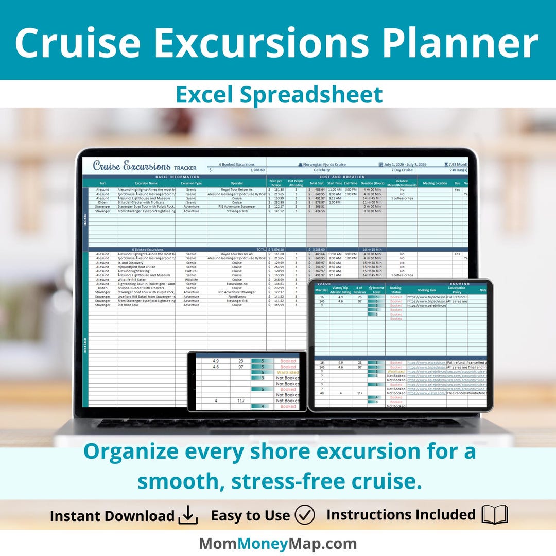 Cruise Excursions Planner Excel Spreadsheet, Shore Excursion Tracker ...