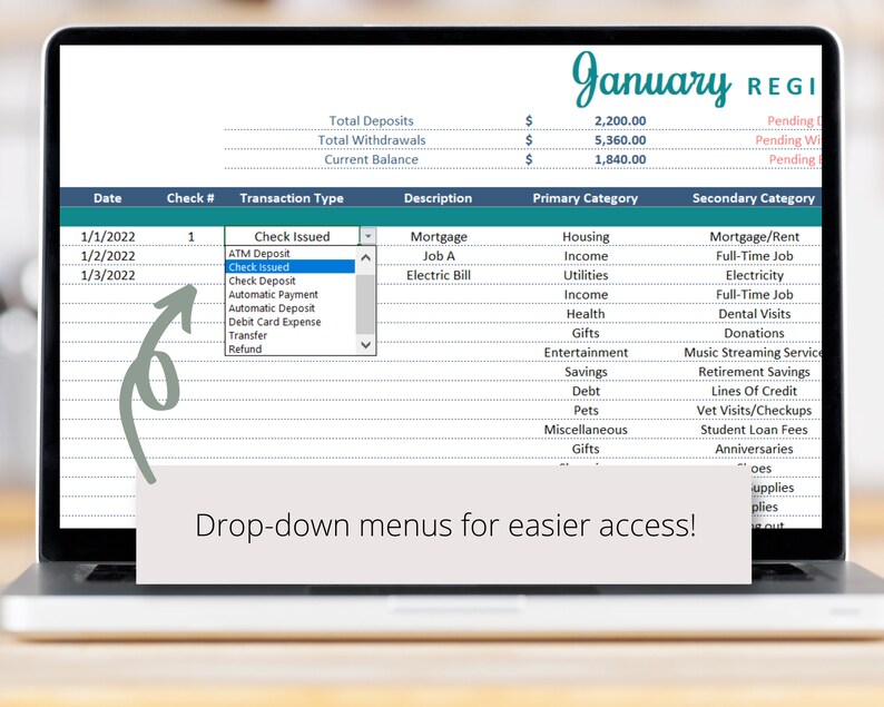 Checkbook Register With Monthly Summaries Excel Spreadsheet Template ...