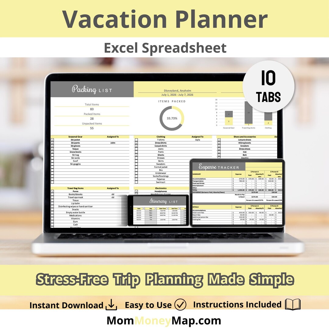 Vacation Planner Excel Spreadsheet Template, Editable Trip Organizer ...
