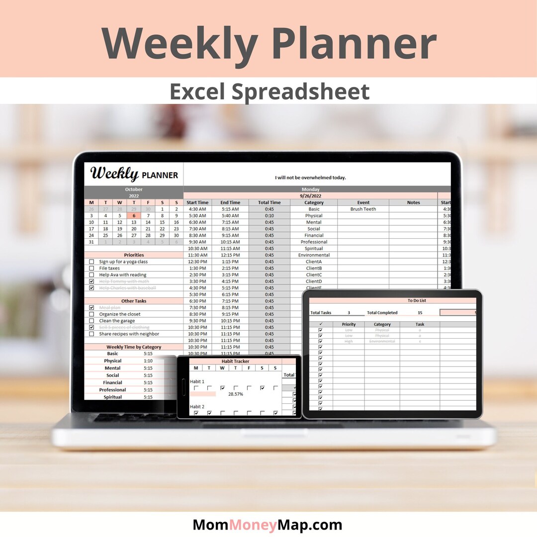 Weekly Schedule Planner Timetable Digital Excel Spreadsheet Template ...