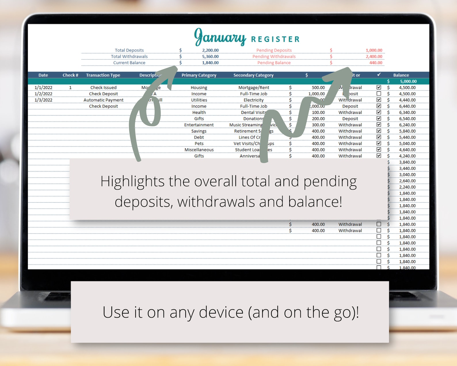 Checkbook Register With Monthly Summaries Excel Spreadsheet Template ...