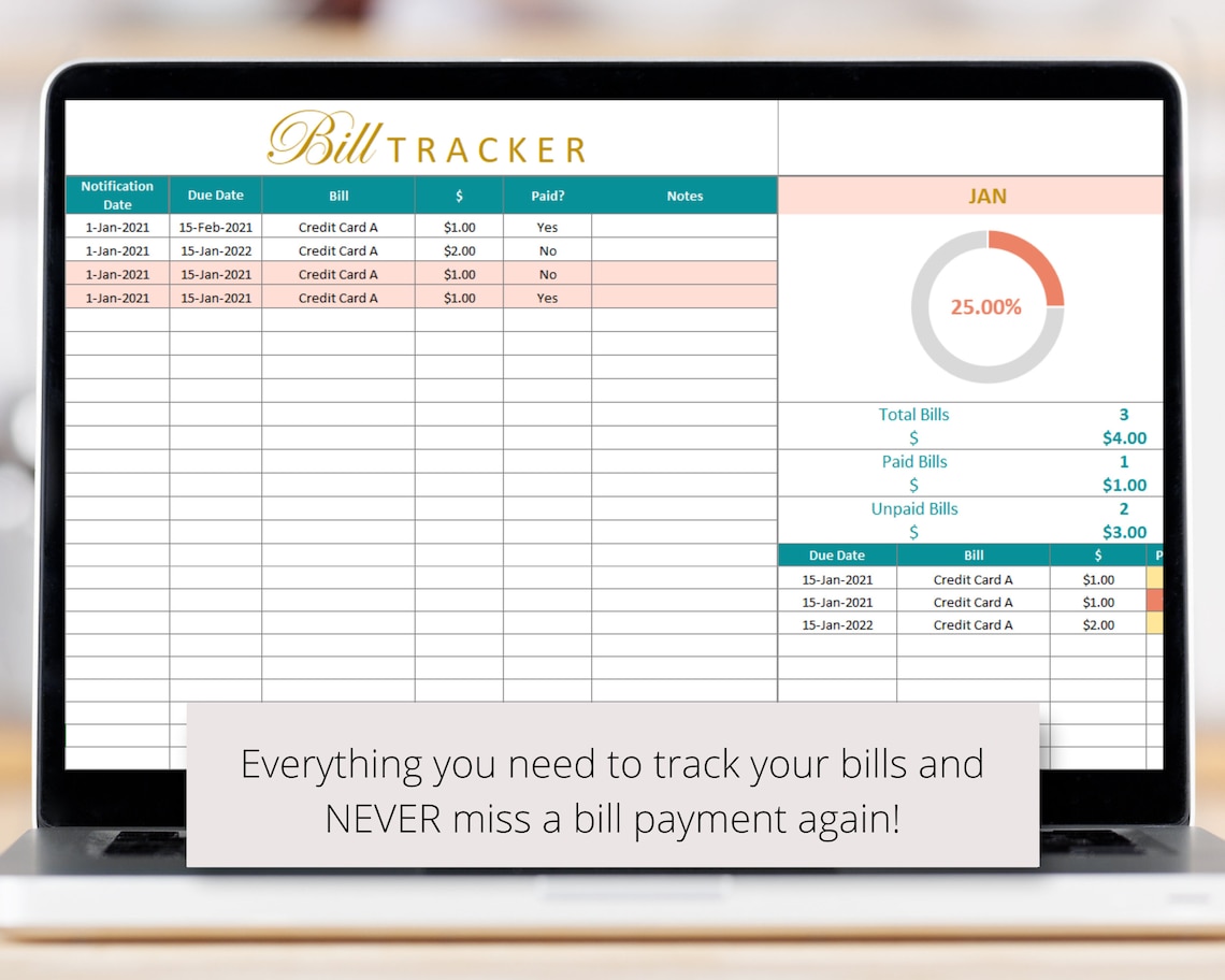 Monthly Bill Tracker Planner Excel Spreadsheet | Log and Organize Your ...