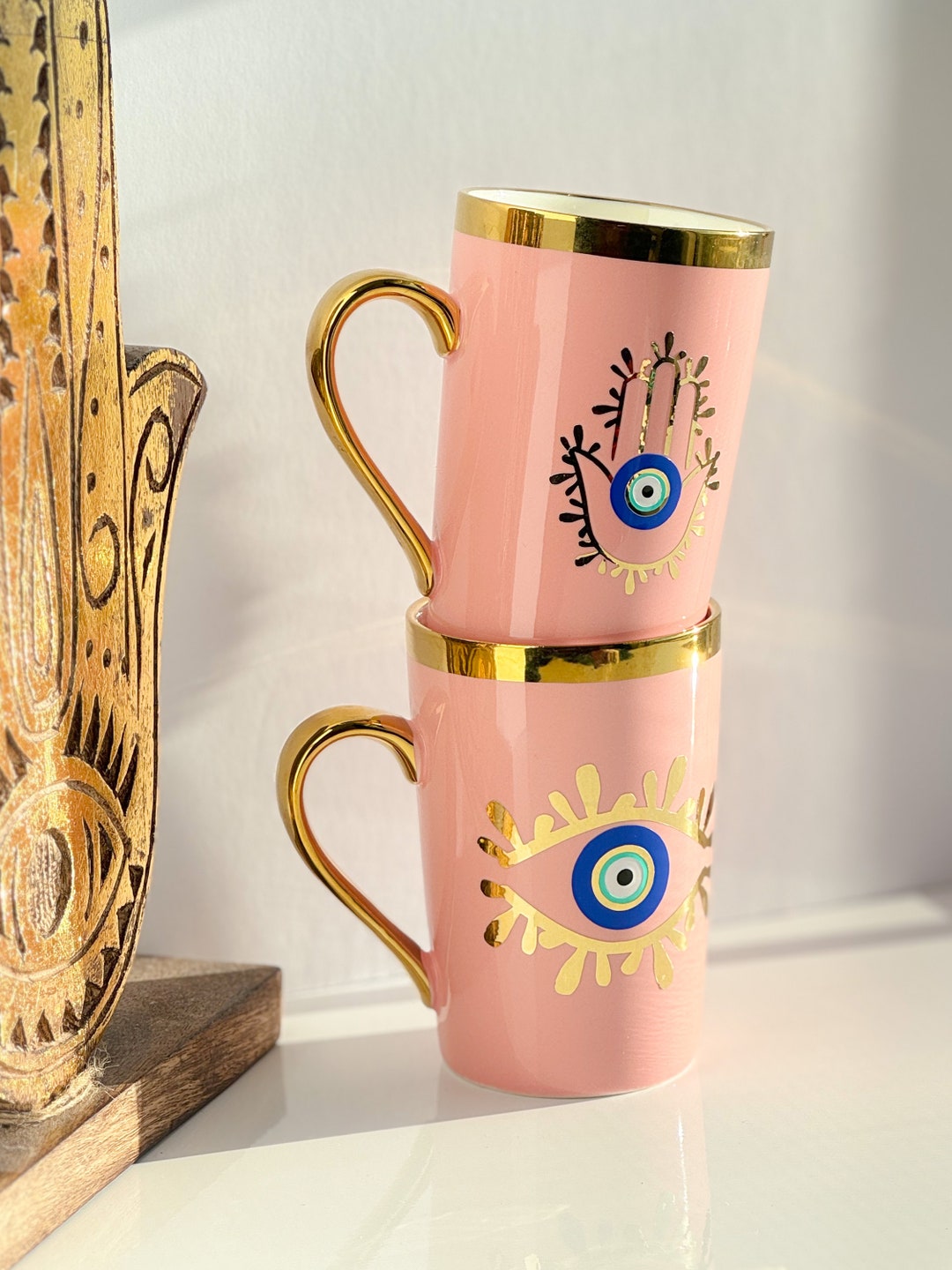 Gold Rim Pink Evil Eye Mug, Evil Eye Design Personalized Pink Mug ...