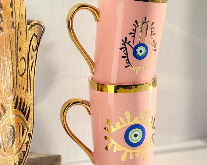 Gold Rim Pink Evil Eye Mug, Evil Eye Design Personalized Pink Mug ...
