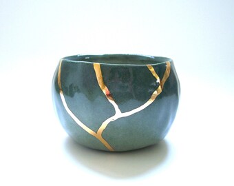 Kintsugi Inspired Tea Bowl in Light Blue Green Food Safe and Functional ...