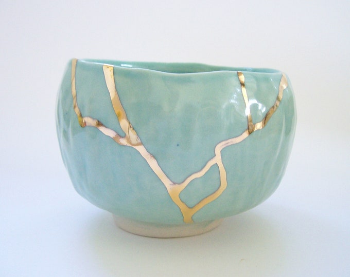 Kintsugi Inspired Tea Bowl in Light Blue Green Food Safe and Functional ...
