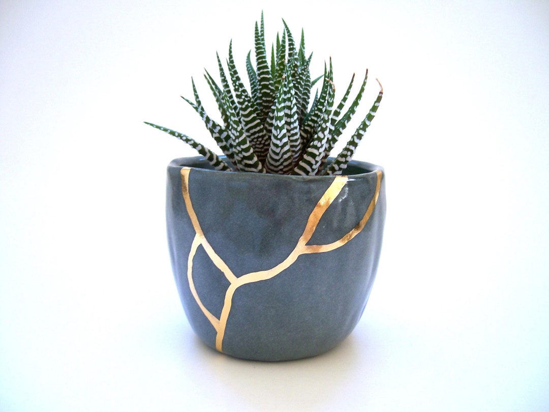 Kintsugi Inspired Planter in Dark Dusty Blue With One Drainage Hole - Etsy