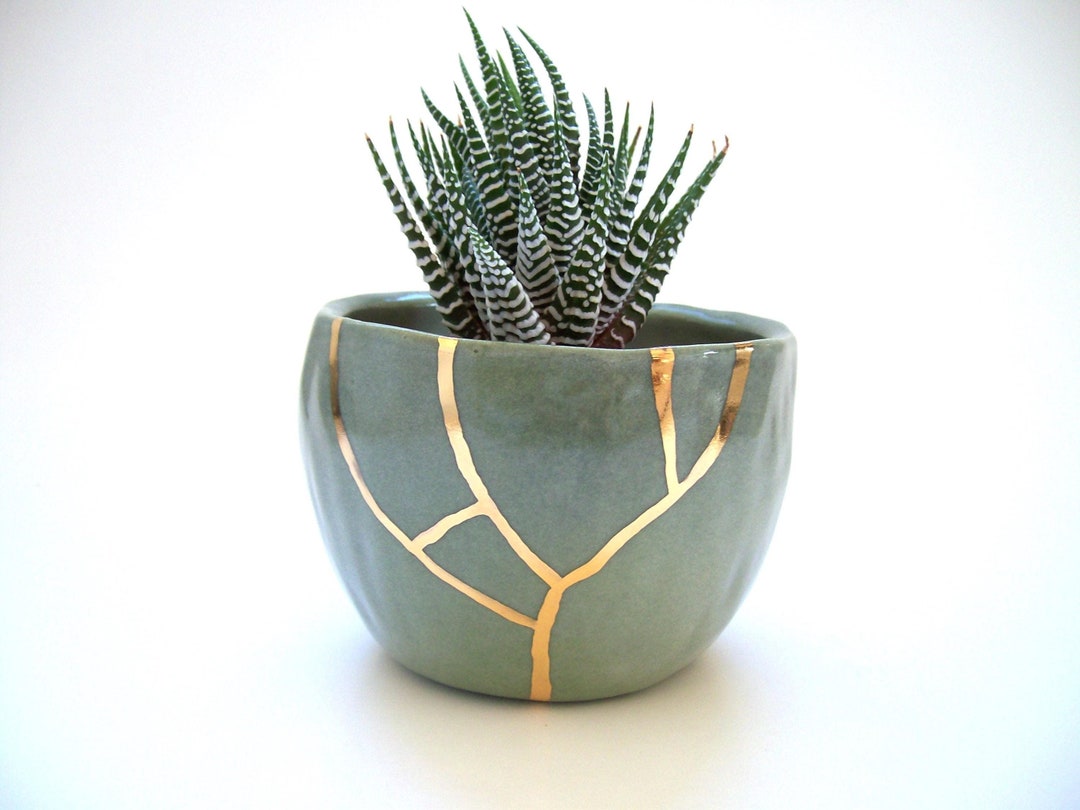 Kintsugi Inspired Planter in Dusty Sage Green With One Drainage Hole - Etsy
