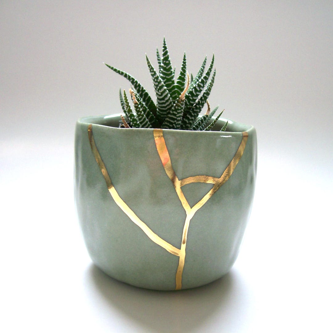 Kintsugi Inspired Planter in Sage Green With One Drainage Hole - Etsy