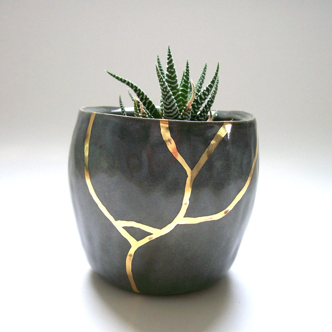 Kintsugi Inspired Planter in Dusty Dark Gray With One Drainage Hole ...