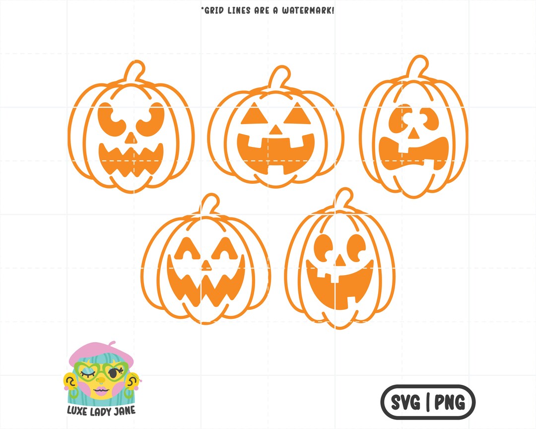 Set of 5 Jack O Lanterns SVG + PNG | Halloween, October 31, Cut File ...