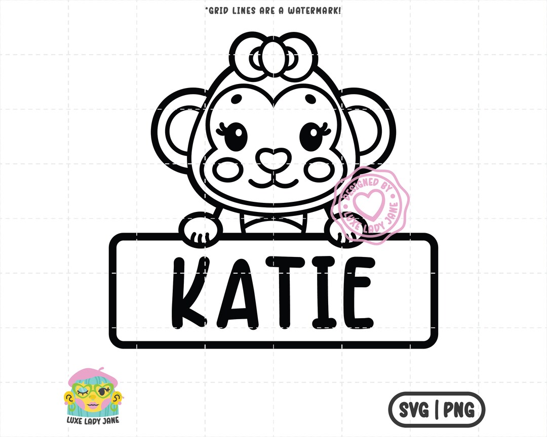 Cute Baby Girl Monkey Name Plate Outline SVG PNG Baby Shower SVG ...