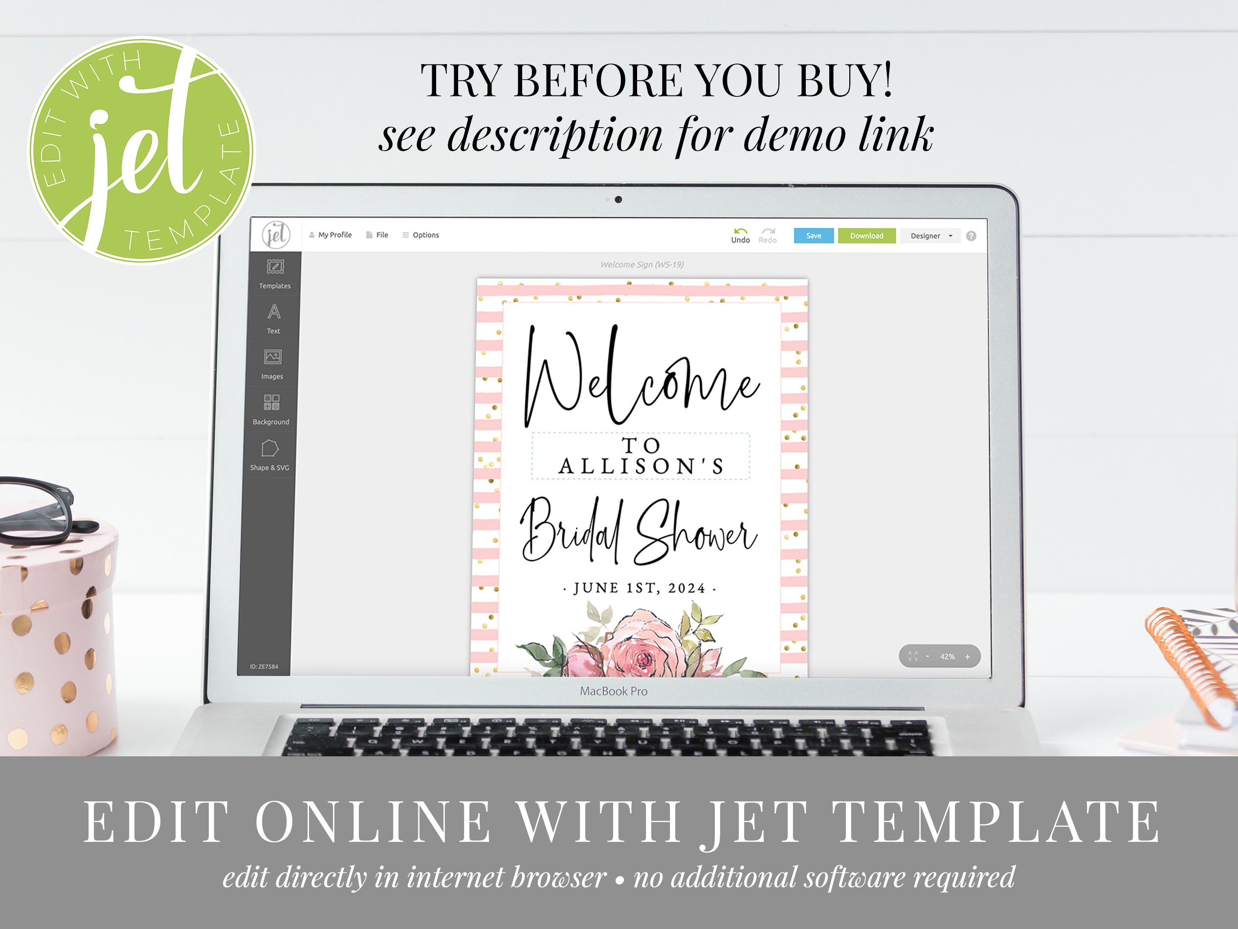 Pink Floral Stripes Welcome Sign Template Gold Polka Dot | Etsy