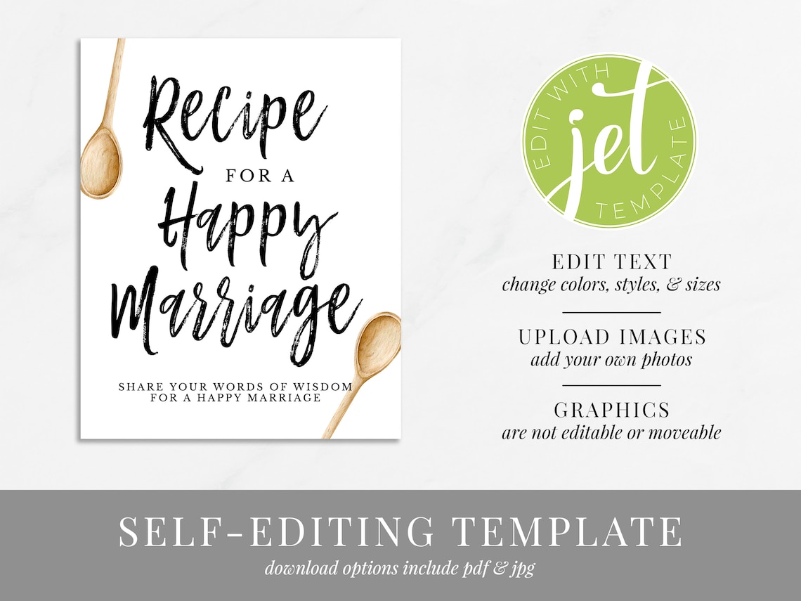 Recipe for a Happy Marriage Sign Printable Template Bridal | Etsy