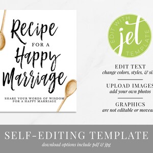 Recipe for a Happy Marriage Sign Printable Template, Bridal Shower ...