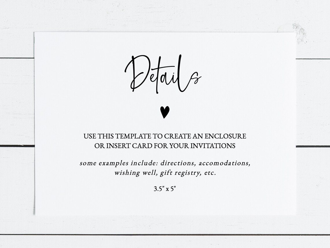 Minimalist Details Insert Card Template Printable Invitation | Etsy
