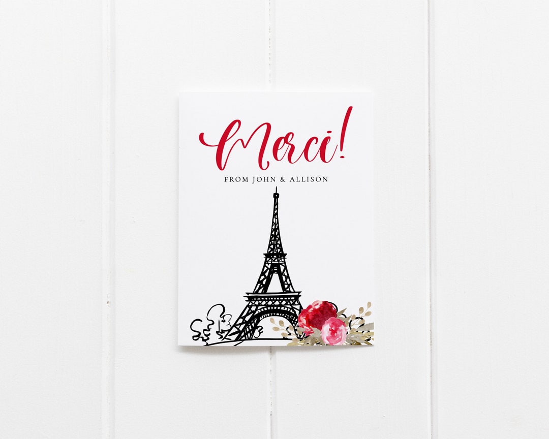 Paris Bridal Shower Merci Thank You Card Template, Printable Eiffel ...