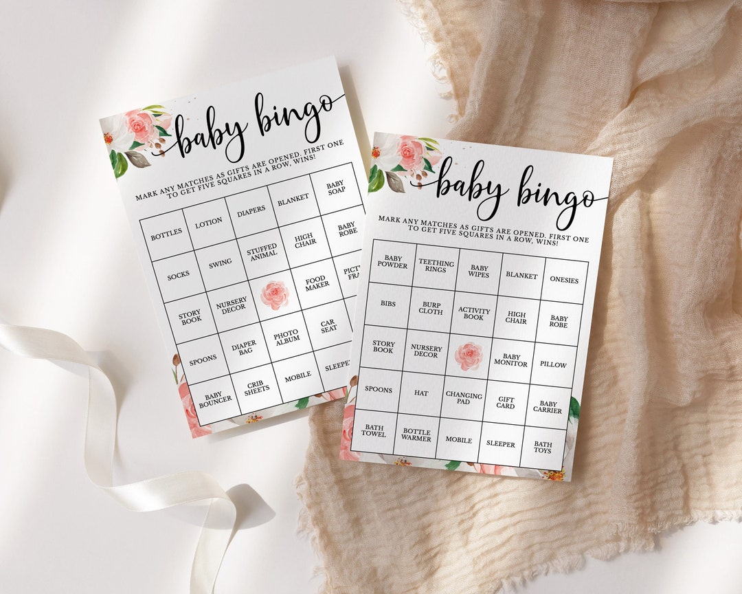 Pink White Floral Baby Shower Bingo Cards, 50 Prefilled Baby Shower ...