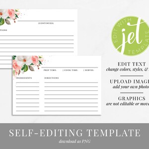 Floral Recipe Card Printable Template, Bridal Shower Recipe Card Insert ...