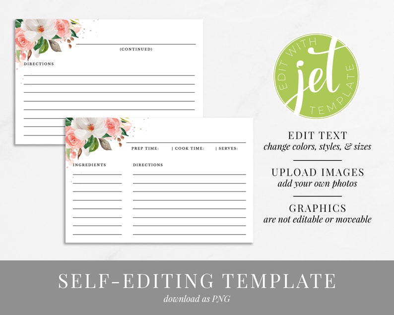 Floral Recipe Card Printable Template Bridal Shower Recipe - Etsy
