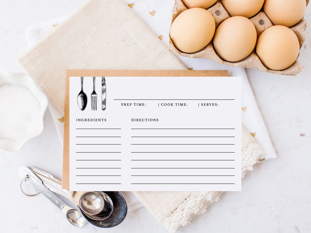 Blank Lined Vintage Utensils Recipe Card Template, Printable Recipe ...