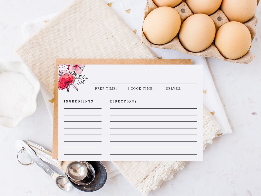 Printable Pink Floral Watercolor Recipe Card With Lines, Blank Recipe ...