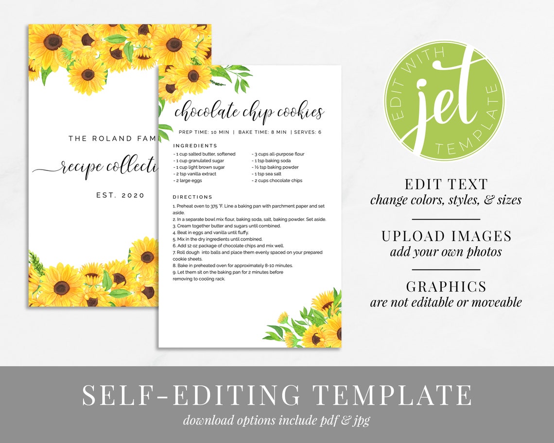 Sunflowers Printable Mini Recipe Book Template Half Size | Etsy